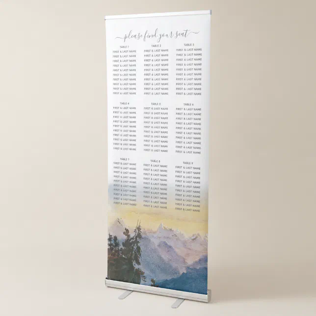 Watercolor Mountains Pine Wedding Seating Chart Retractable Banner | Zazzle