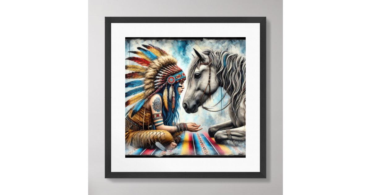 Watercolor native American punk woman and horse Framed Art | Zazzle