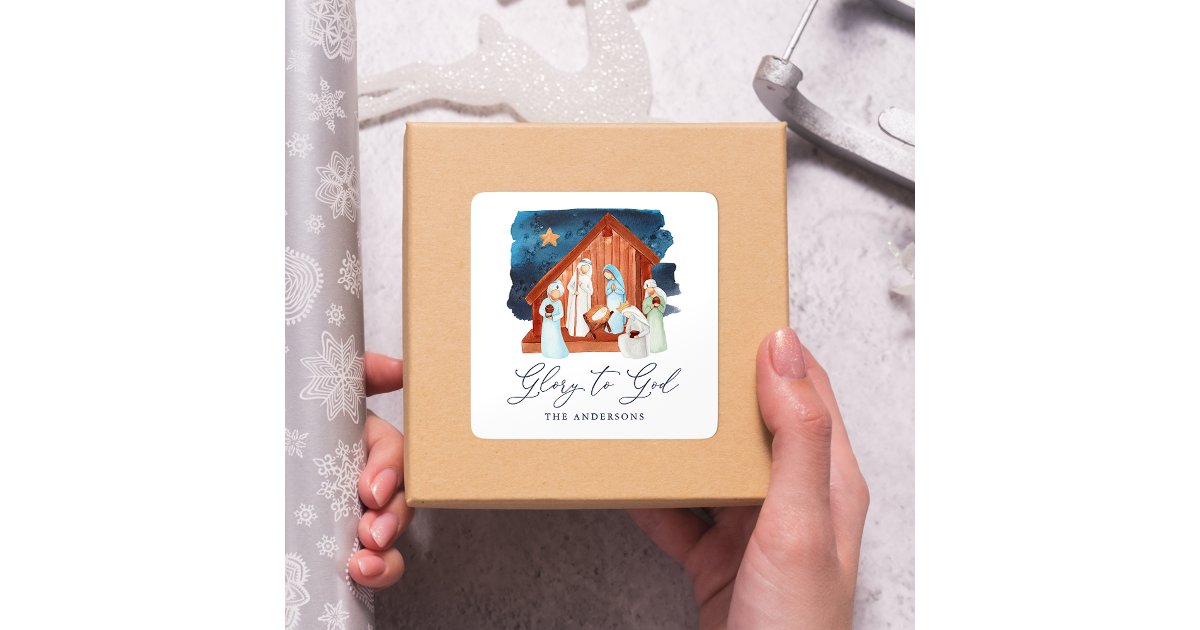 Watercolor Nativity Scene Glory to God Square Sticker | Zazzle