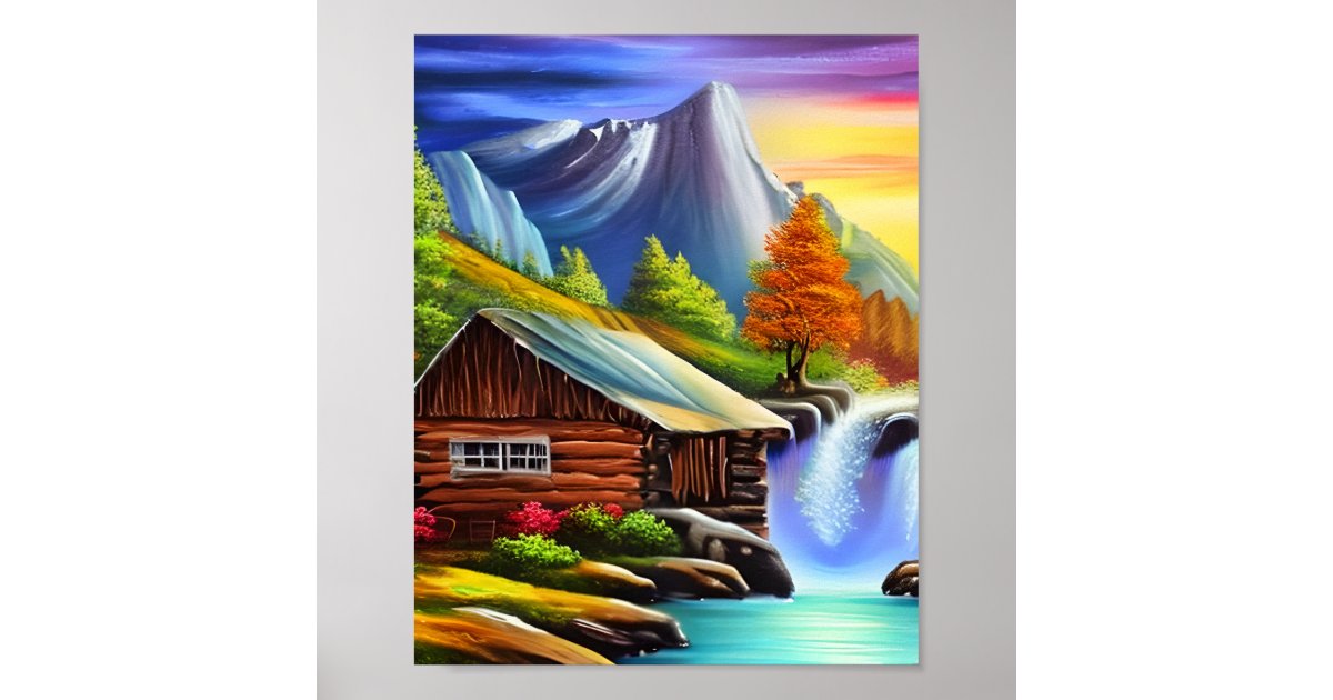 Watercolor Nature Mountain Waterfall Painting Poster | Zazzle