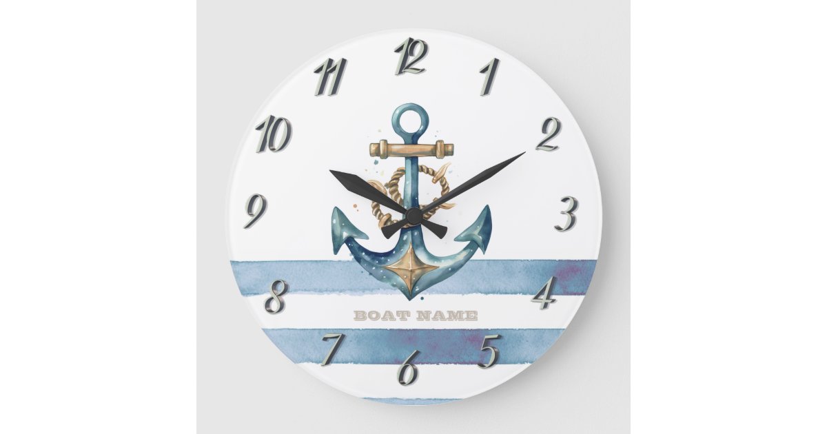Watercolor Nautical Anchor Light Blue Stripes Large Clock | Zazzle