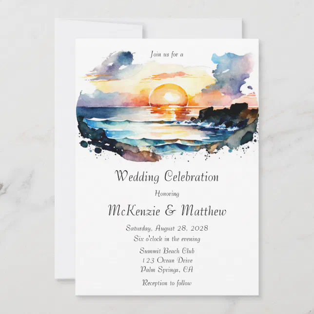 Watercolor Nautical Beach Scene Wedding Invitation | Zazzle