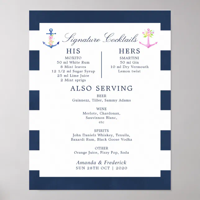 Watercolor Nautical Floral Signature Cocktails Poster | Zazzle