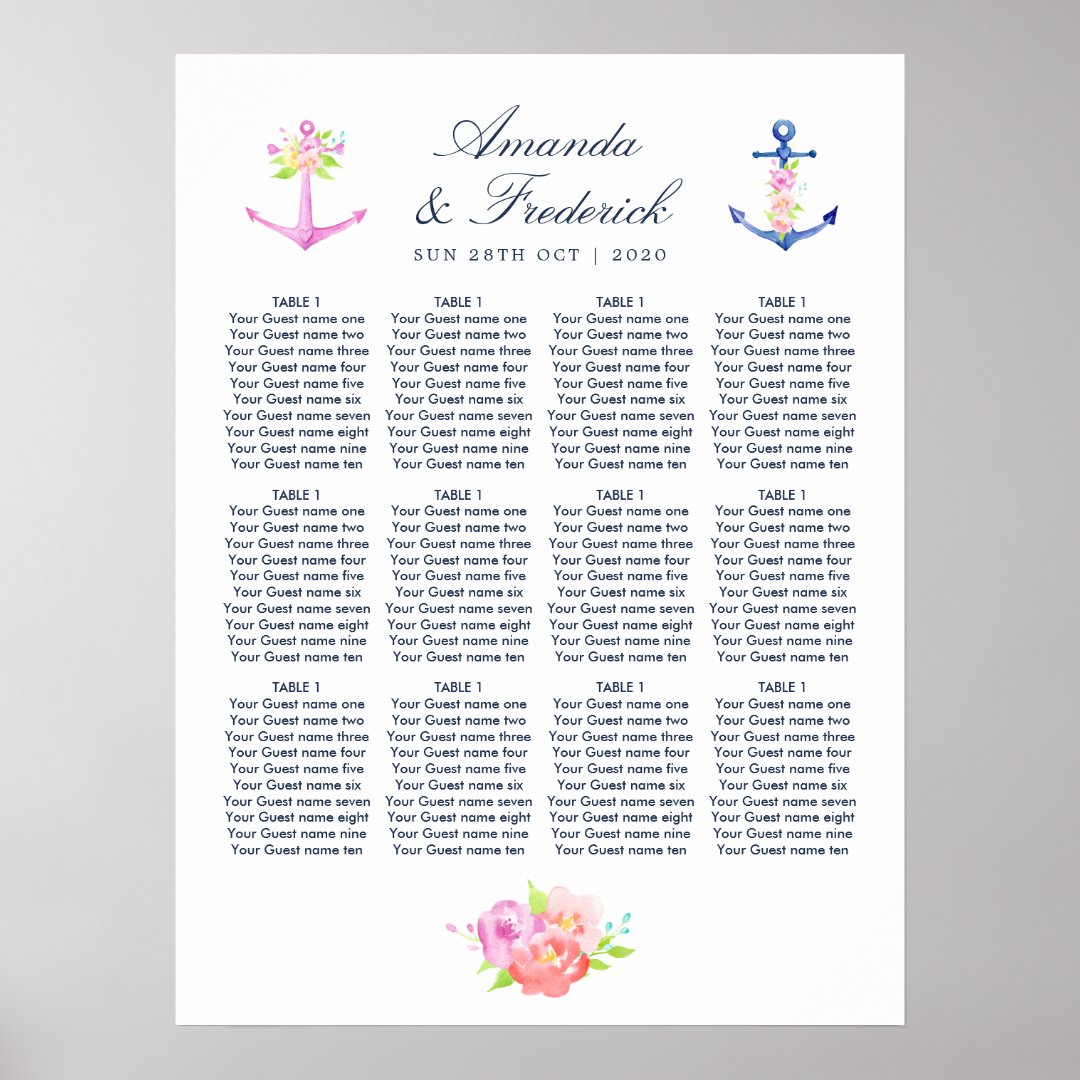 Watercolor Nautical Floral Wedding Seating Chart | Zazzle