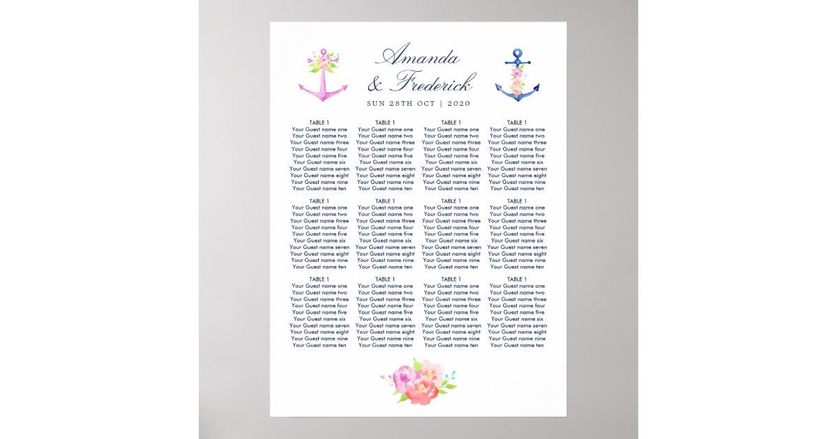 Watercolor Nautical Floral Wedding Seating Chart | Zazzle