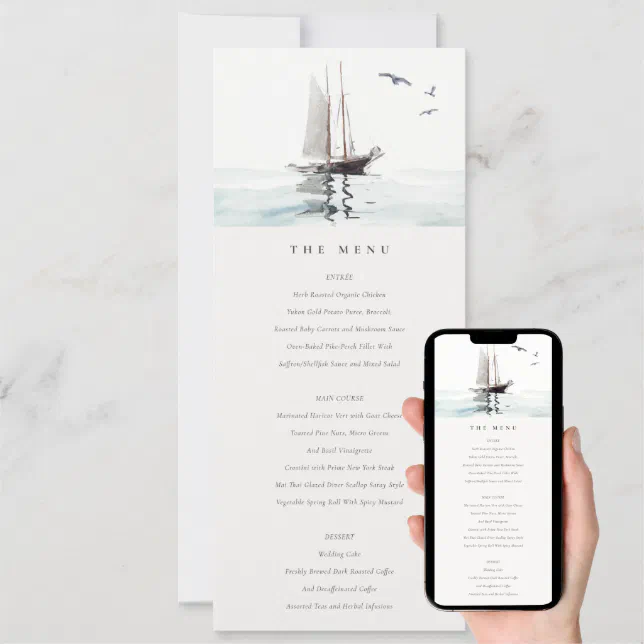 Watercolor Nautical Sail Yacht Wedding Menu Card | Zazzle