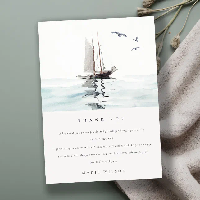 Watercolor Nautical Sailing Yacht Bridal Shower Thank You Card | Zazzle