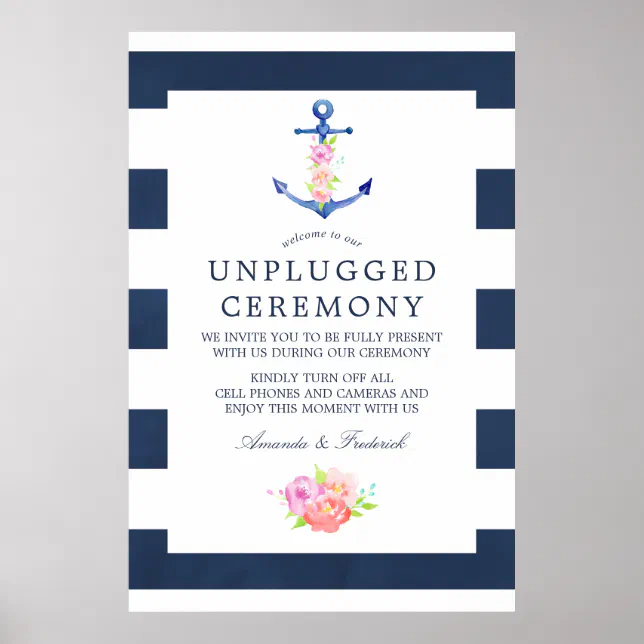 Watercolor Nautical Wedding Unplugged Ceremony Poster | Zazzle