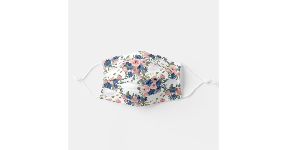 Watercolor Navy and Blush Floral Adult Cloth Face Mask | Zazzle