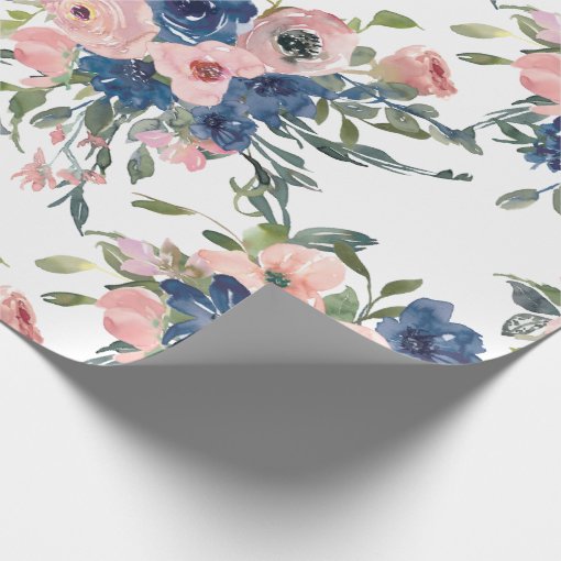 Watercolor Navy and Blush Floral Wrapping Paper | Zazzle