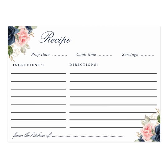 Watercolor navy blue blush pink floral recipe card | Zazzle.com