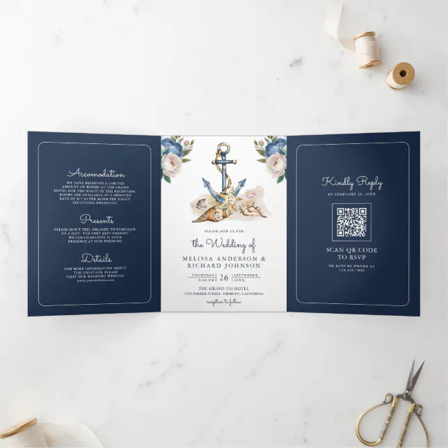 Watercolor Navy Blue Floral Anchor QR Code Wedding Tri-Fold Invitation ...
