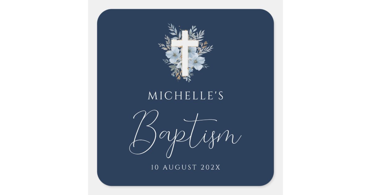watercolor navy blue floral cross baptism square sticker | Zazzle