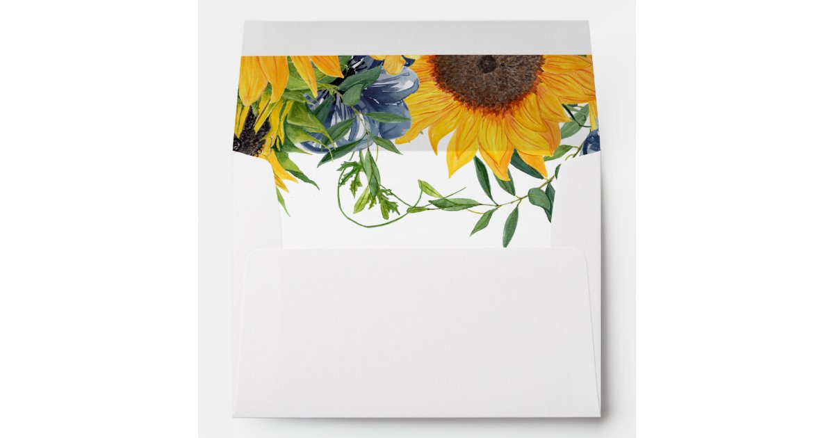 Watercolor Navy Blue Sunflower Rustic Wedding Envelope | Zazzle