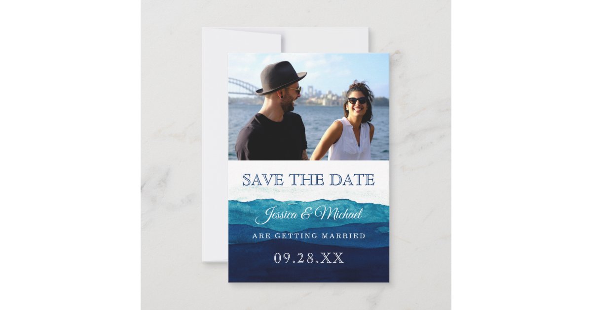 Watercolor Navy Deep Blue Photo Save The Date | Zazzle