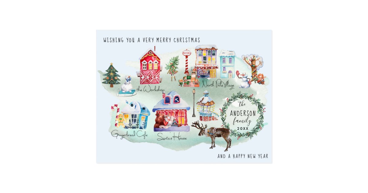 Watercolor North Pole Village Map | Illustrated Postcard | Zazzle.com