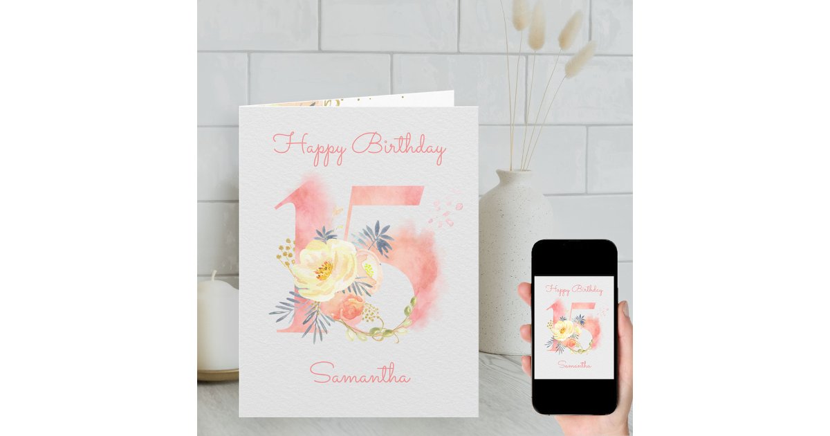 Watercolor Number 15 Personalized 15th Birthday Card | Zazzle