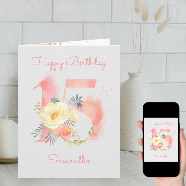 Watercolor Number 15 Personalized 15th Birthday Card | Zazzle