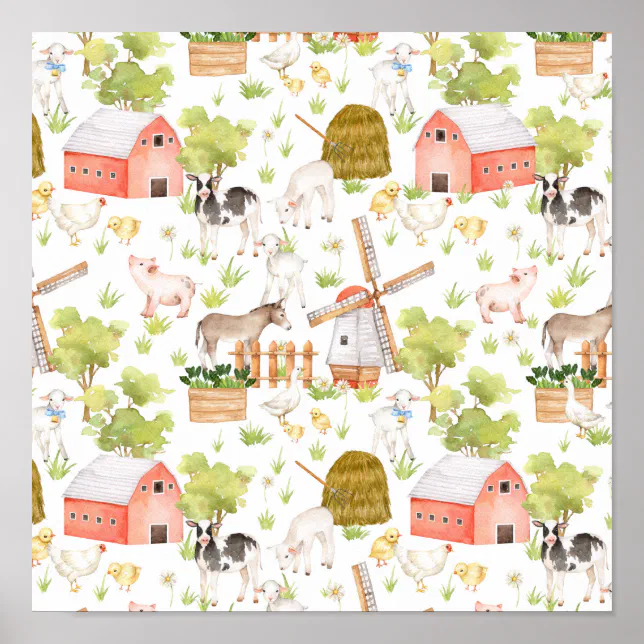 Watercolor Nursery Farm Land Animals Poster | Zazzle