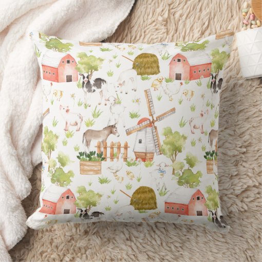 Watercolor Nursery Farm Land Animals Throw Pillow | Zazzle