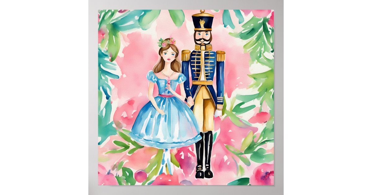 Watercolor Nutcracker and Clara Christmas Poster | Zazzle