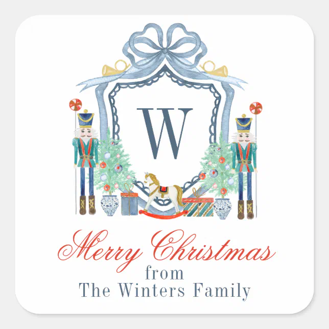 Watercolor Nutcracker Monogram Crest Christmas Square Sticker | Zazzle