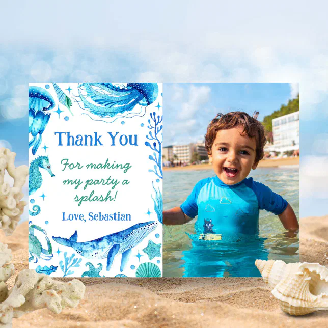 Watercolor Ocean Animals Whale Under the Sea Photo Thank You Card | Zazzle