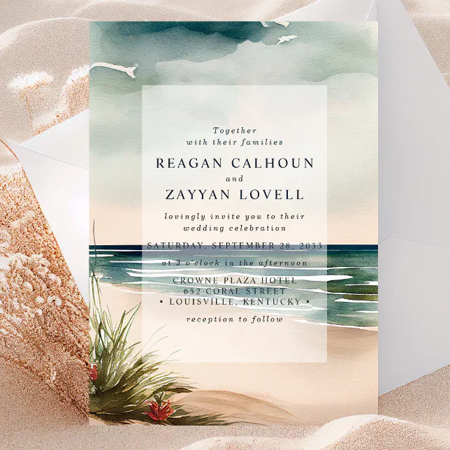 Watercolor Ocean Beach Seascape Wedding Invitation | Zazzle