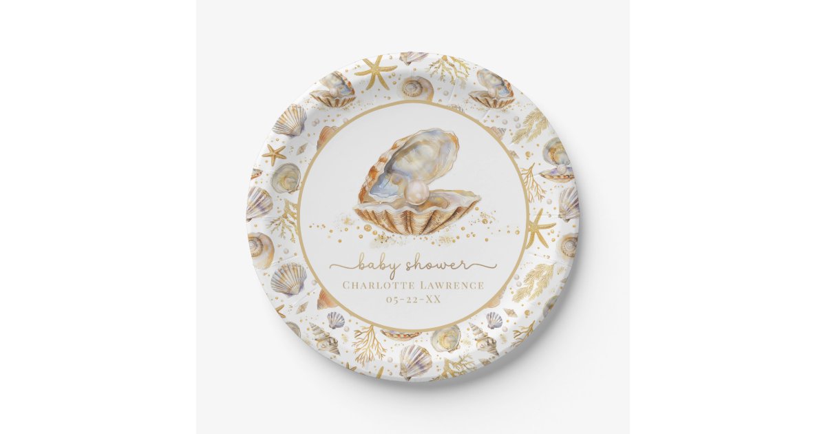Watercolor Ocean Little Pearl Baby Shower Paper Plates | Zazzle