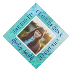 Watercolor Ocean Photo + Typography Graduation Cap Topper | Zazzle