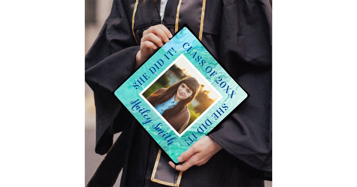 Watercolor Ocean Photo + Typography Graduation Cap Topper | Zazzle