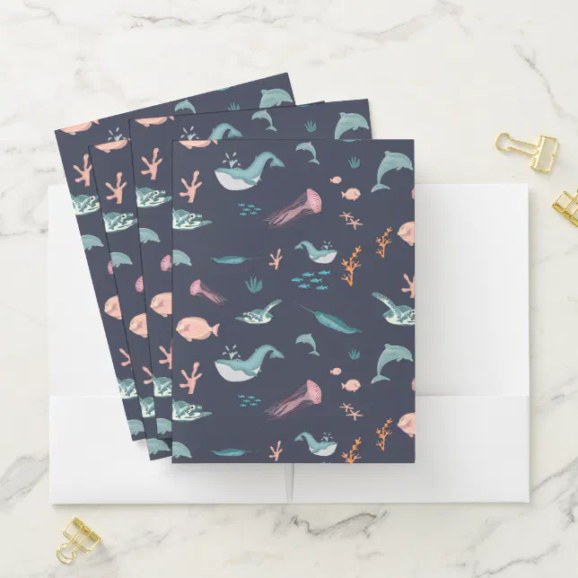 Watercolor Ocean Sea Animals Blue Pattern Pocket Folder | Zazzle