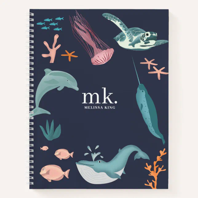 Watercolor Ocean Sea Animals Monogram Blue Notebook | Zazzle