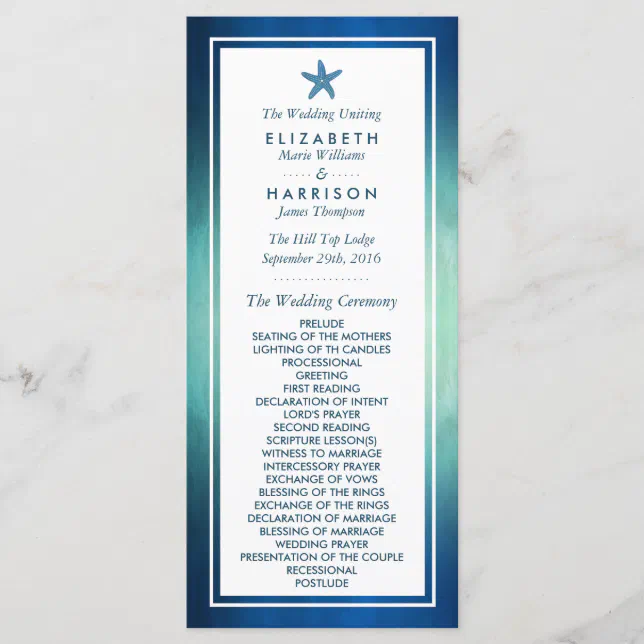 Watercolor Ocean Starfish Beach Wedding Program | Zazzle