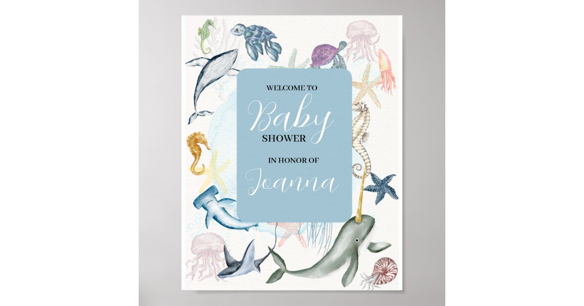 watercolor ocean theme baby shower welcome poster | Zazzle