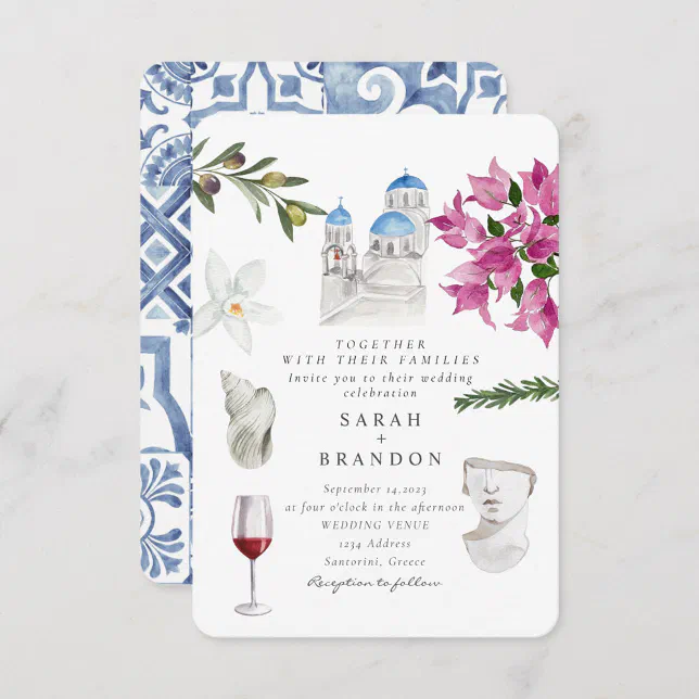 Watercolor Olive Blue tile Greece Wedding Invitation | Zazzle
