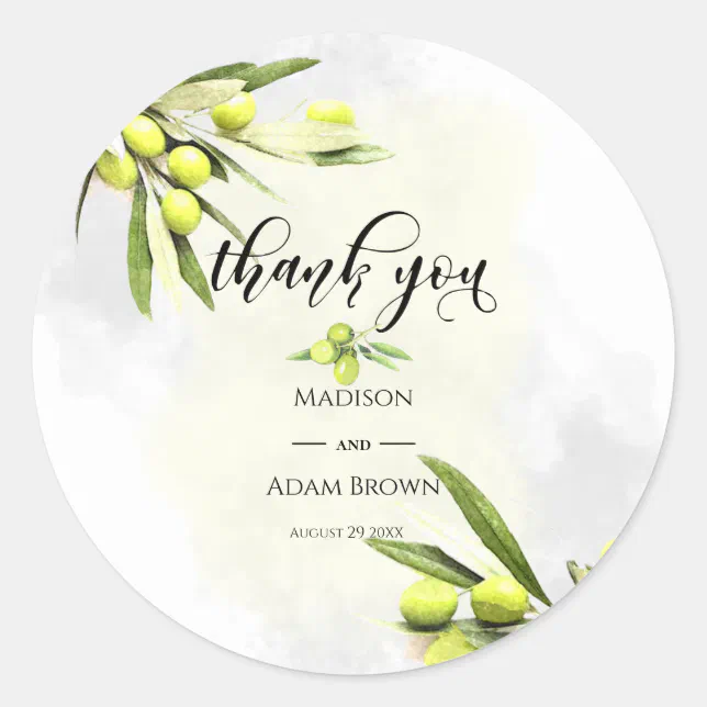 Watercolor Olive Branches Wedding Thank You Classic Round Sticker | Zazzle