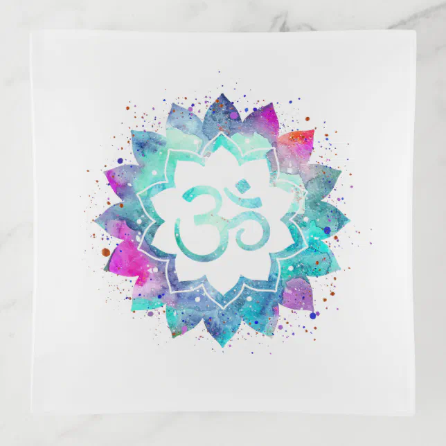 Watercolor Om Aum Turquoise Blue Magenta White Trinket Tray | Zazzle