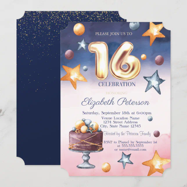 Watercolor Ombre Stars Cake Sweet 16 Invitation | Zazzle