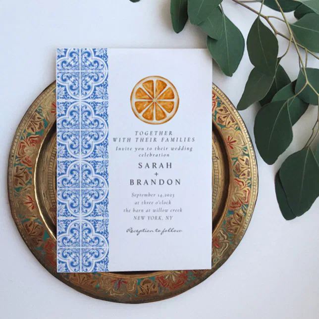 Watercolor Orange Blue tile Mediterranean Wedding Invitation | Zazzle