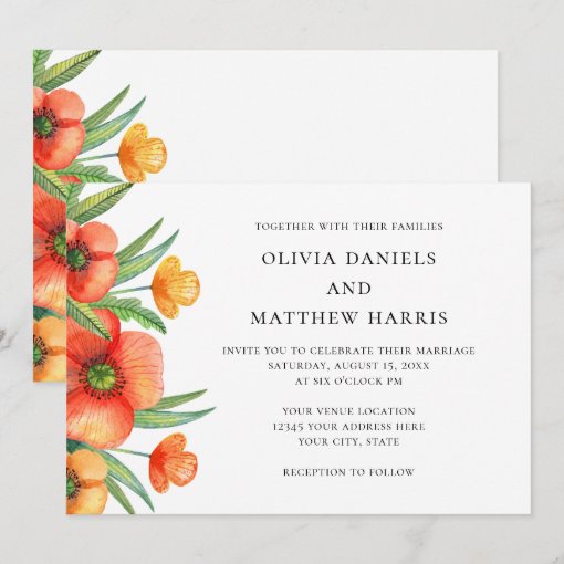 Watercolor orange flowers. Garden floral wedding Invitation | Zazzle