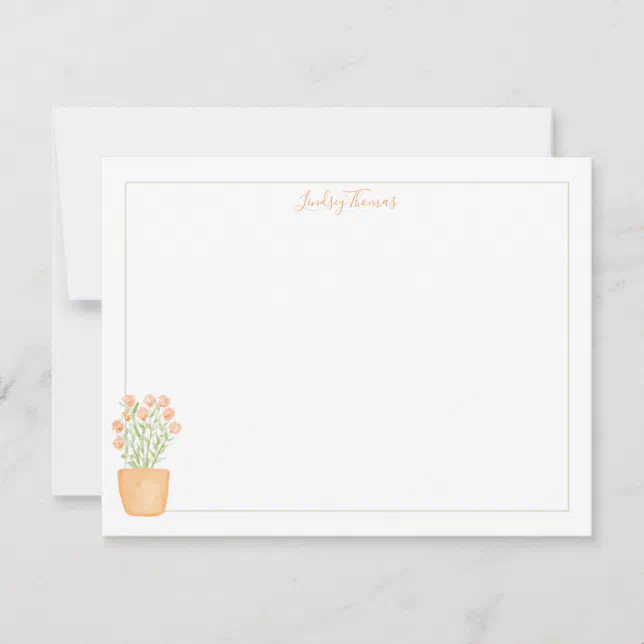 Watercolor Orange Potted Flowers Personalized Note Card | Zazzle
