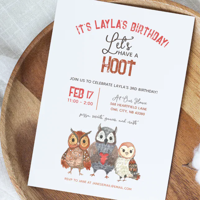 Watercolor Owls Girls Birthday Party Invitation | Zazzle