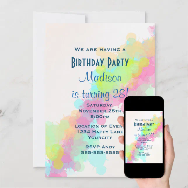 Watercolor Paint Splatter Colorful Birthday Invitation | Zazzle