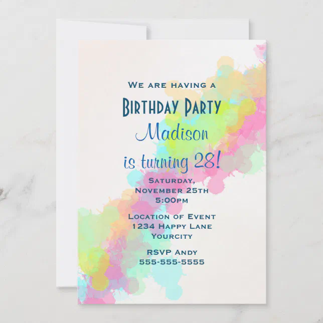 Watercolor Paint Splatter Colorful Birthday Invitation | Zazzle