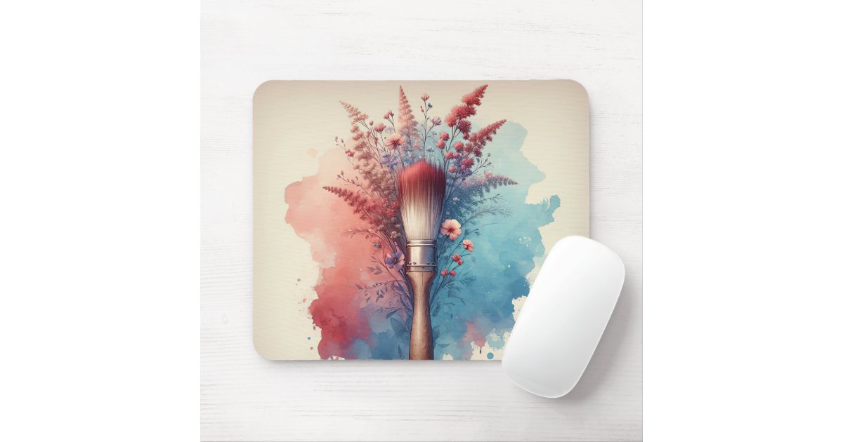 Watercolor Paintbrush With Floral Bouquet Mouse Pad | Zazzle