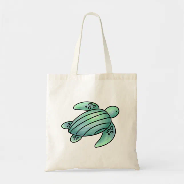 watercolor painted sea turtle cartoon blue green tote bag | Zazzle