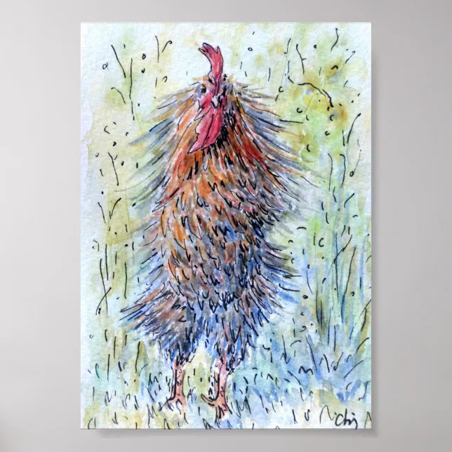 Watercolor Painting Fun Rooster Poster | Zazzle