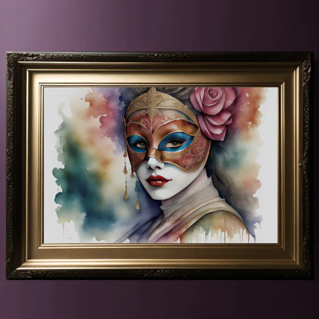 Watercolor Painting Lady Wearing Venetian Mask Poster | Zazzle