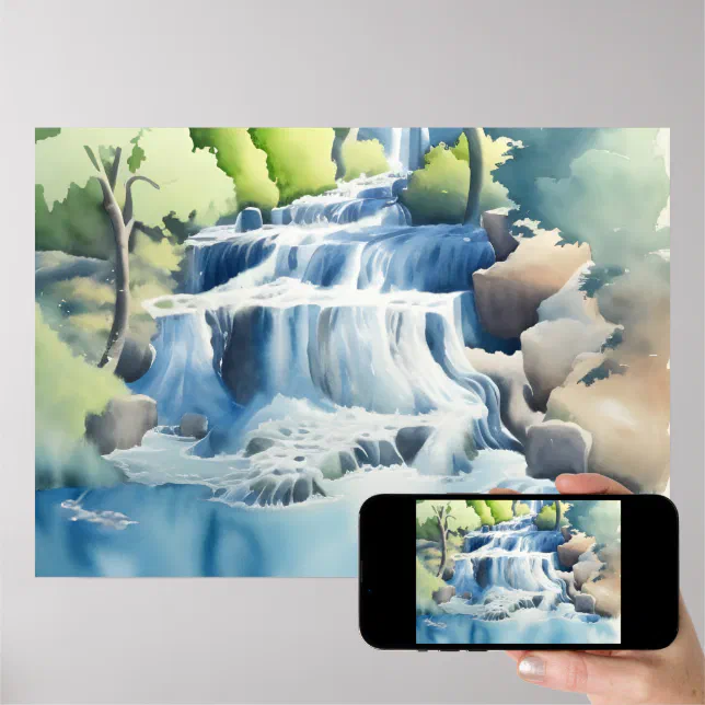 Watercolor Painting Of A Cascading Waterfall Poster | Zazzle